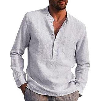 Generic Chemise Henley pour homme : chemise Henley d&eacute;contract&eacute;e en coton l&eacute;ger, coupe droite, couleur unie, manches longues, col montant boutonn&eacute;, avec poche 