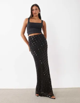 AFRM Tegan jupe longue coordonn&eacute;e en tulle &agrave; sequins taille haute avec ourlet &agrave; volants noire