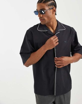 Lacoste Kurz&auml;rmliges Resort-Hemd in Anthrazit mit Zierstreifen-Grau