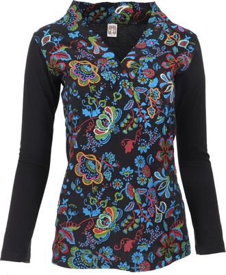 Guru Shop Besticktes Langarmshirt mit V-Neck Flower Power Hippie Chic - Schwarz/bunt, Damen, Baumwolle, Size:XL
