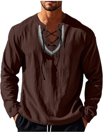 Generic T-shirt pour homme - Pull ample r&eacute;tro - Style ethnique d&eacute;contract&eacute; - Manches longues - Lin - Col montant, caf&eacute;, XXL