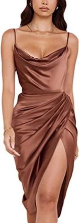 Minetom Femme Robe Courte Moulante Dos Nu sans Manches avec Bretelles Robe Asymétrique avec Plis Fendue en Satin Unicolore Spaghetti Sangle Midi Club Robe C M