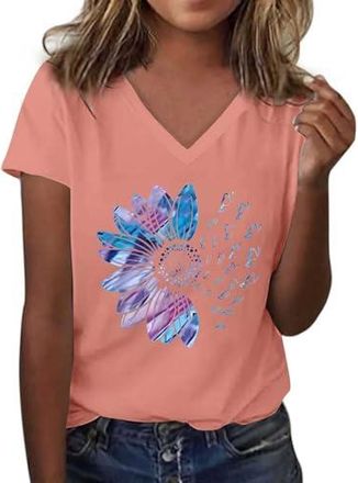 Generic T-shirt dété à manches courtes et col en V pour femme Motif pissenlit, Z05-corail, XXL
