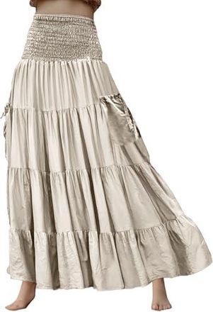 Generic Jupe longue boh&egrave;me en coton avec poches longues, taille &eacute;lastique, style boh&egrave;me, robe d&eacute;t&eacute;, robe ample, id&eacute;ale pour la plage, les vacances et les vaca