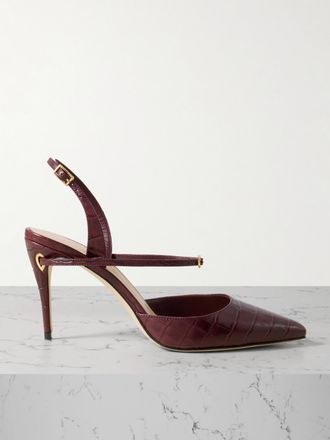 Jennifer Chamandi Vittorio 85 Slingback-pumps Mit Spitzer Kappe Aus Leder Mit Krokodileffekt - Burgunder