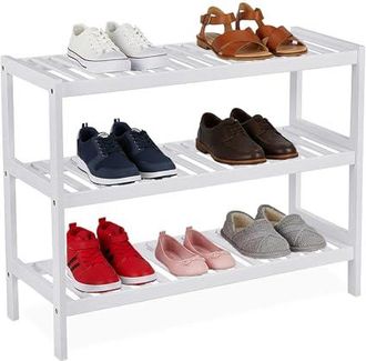 Relaxdays Schuhregal, HxBxT: 55 x 70 x 26 cm, Bambus, 3 Ebenen, für 9 Paar Schuhe, Schuhständer mit Gitterablagen, weiß