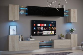 Furnitech Wohnwand Wohnzimmer | M&ouml;bel mit LED Blau | H&auml;ngend Modern | Schrankwand mit Regale und TV Schrank (Nairobi D40-HGM-SB11)