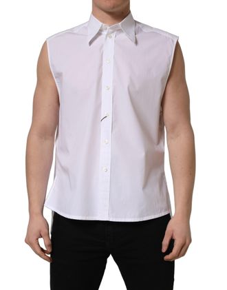 Dolce & Gabbana Mens White Cotton Sleeveless Formal Dress Shirt