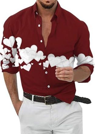 Generic Chemise &agrave; manches longues en forme de coeur avec impression num&eacute;rique 3D pour homme, bordeaux, XXL
