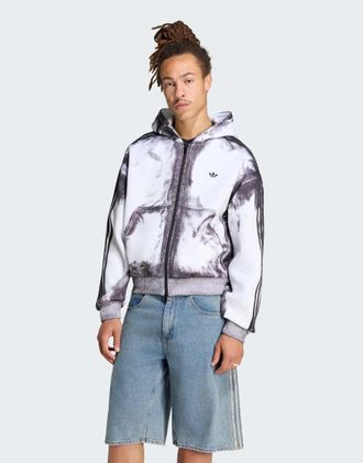 adidas Originals Adilenium 6 Hoodie-Sweatshirt mit durchgehendem Rei&szlig;verschluss aus Spacer-Material in Wei&szlig;/Grau Six-Orange