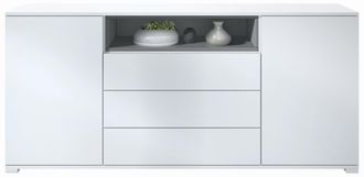 Vladon Skadu V4 Sideboard, Kommode mit 2 Türen, 3 Schubladen und 1 offenem Fach, Weiß matt/Graphit Seidenmatt (166,5 x 75,5 x 35 cm)