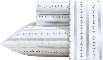 Nautica Bettlaken aus Baumwoll-Perkal-Bettwäsche-Set mit passendem Kissenbezug, frisch und kühl, Tiefe Taschen (Ankerlinien blau, Doppelbett-XL)