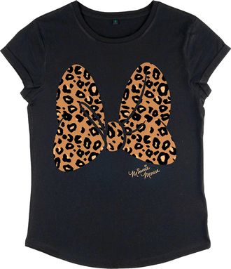 Disney Damen Mickey Classic - Animal Print Bow Womens Organic Rolled Sleeve T-Shirt T-Shirt, Schwarz, L