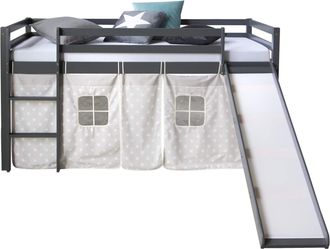 Homestyle4u 1871, Kinderbett 90x200 Grau Kinderhochbett Hochbett mit Rutsche Leiter Vorhang Sterne Holz Kiefer