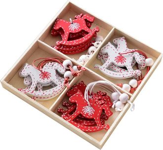 Pretyzoom Christbaumanhänger Holz Schaukelpferd Form Weihnachten Geschenkanhänger Weihnachtsbaum Anhänger 12 Stück (Rot und Weiß)