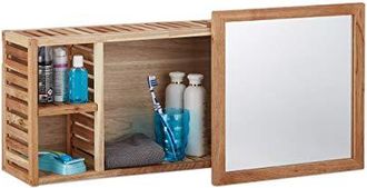 Relaxdays Wandregal mit Spiegel, Walnuss, verschiebbarer Spiegel, ge&ouml;ltes Holz, 80 cm breit, besonders f&uuml;rs Badezimmer, natur