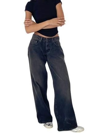 Generic Jean baggy taille basse pour femme style Y2K délavé droit jambe large boyfriend jean décontracté ample pour femme, gris, XXL