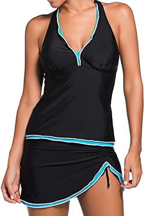 Minetom Maillot de Bain Femme 2 Pièces Short Tankini Dos Nu à Bretelle Grande Taille Push Up Bikini Rembourré Plage Swimsuit A Noir 3XL