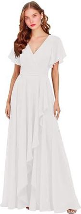Generic Robe de demoiselle dhonneur en mousseline de soie &agrave; col en V pour femme, robe de soir&eacute;e formelle &agrave; manches flottantes avec fente, blanc, 54 Grande tai