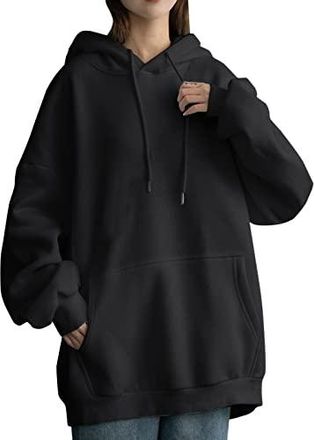 Generic Sweat &agrave; capuche gris pour femme - Pull &agrave; capuche pour femme grande taille - Tunique chaude avec cordon de serrage - &Eacute;paules tombantes - Poche g&eacute;ante -