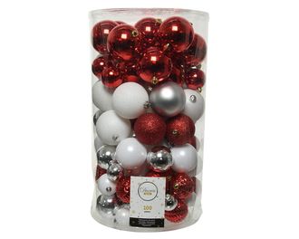 Decoris Weihnachtskugeln Kunststoff 4cm - 8cm Mix 100 St&uuml;ck Set mit Glitzer (rosarot wei&szlig; Silber)