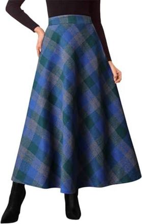 Minetom Jupe Longue Femme Hiver &Eacute;l&eacute;gant Carreaux Haute Taille Maxi Jupes en Laine A-Line Taille &Eacute;lastique Skirt C Bleu S