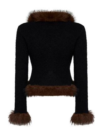 Self Portrait Womens Knit Cardigan With Faux-Fur Trim Black Cotton Cardigans Sweater