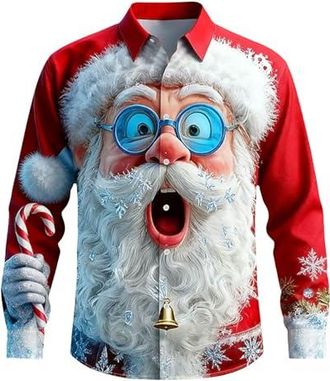 Generic Chemises de Noël amusantes pour homme, boutonnées à manches longues, motif Père Noël moche imprimé graphique, fantaisie, festival, vacances, fêtes, vê