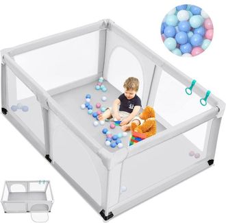 Costway Costway - Parc Bébé avec 2 Poignées et 50 Balles Colorées, Aire de Jeu en Maille Respirante avec Porte de Sécurité, Ventouses Antidérapantes, Clôture