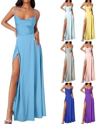 Generic Robe de soirée longue en satin pour femme avec fente - Robe de bal sans manches - Robe de soirée trapèze élégante - Robe de bal moulante - Robe de dem