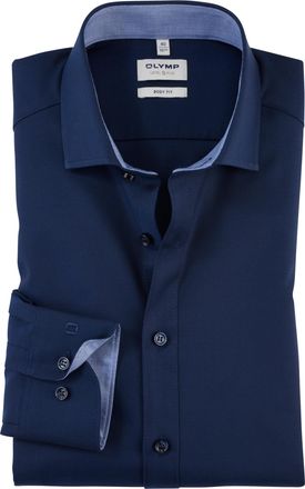 Olymp Herren Businesshemd Langarm Level Five - Body Fit, Einfarbig, Royal Kent Kragen - Stretchkomfort Hemd Herren Langarm - Nachtblau 14-38