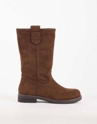 Asos Clementine Pull-on-Trucker-Kniestiefel in schokobraunem Velourslederimitat