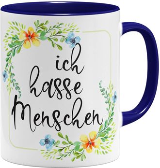OM3 Ich hasse Menschen Statement Tasse mit Spruch Blumen - Keramik Becher - 11oz 325ml - Beidseitig Bedruckt - Dunkelblau