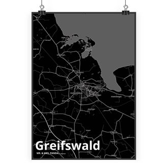 Mr. & Mrs. Panda Bild Greifswald DIN A2 - Geschenk, Wanddeko, Handgemaltes Poster, kinderzimmer poster, plakat, Stadt Dorf Karte Landkarte Map Stadtplan