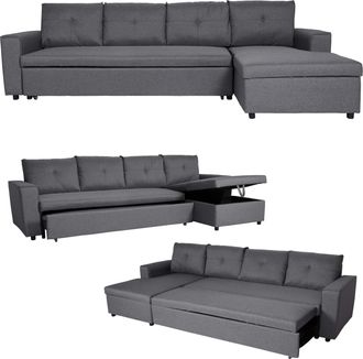 Mendler Ecksofa mit Bettkasten HWC-L16, Couch Sofa L-Form Liegefläche Links/rechts Nosagfederung Stoff/Textil 290cm - dunkelgrau