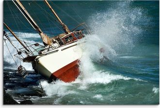 Paul Sinus Art 120x80cm Leinwandbild auf Keilrahmen Meer Wellen Segelboot Schiffbruch Wandbild auf Leinwand als Panorama