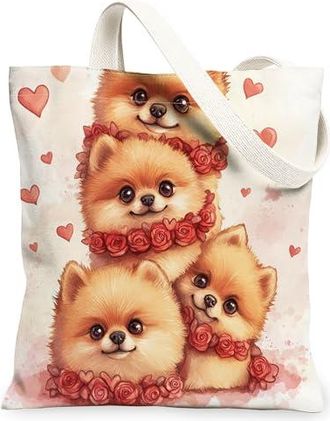 Generic Sac fourre-tout en toile motif chien de Pom&eacute;ranie pour faire du shopping 33 x 38,1 cm, sac &agrave; bandouli&egrave;re amusant et r&eacute;utilisable pour femme, peinture 