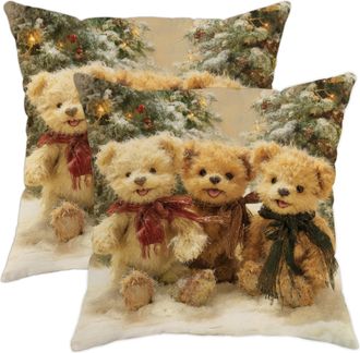 Generic Teddyb&auml;r-Kissenbez&uuml;ge, festlicher, fantasievoller Weihnachtsbaum, Schnee, Weihnachten, weicher Samt, waschbar, quadratisch, f&uuml;r Wohnzimmer, Bett, B&uuml;ro