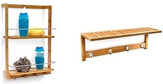 Relaxdays Duschregal aus Bambus ca. 53 x 38 x 15,5 cm, mit 2 Ablageböden, Natur & Wandregal mit Hakenleiste, HBT 18 x 50 x 16 cm, Wandgarderobe mit 4 Haken, Bad