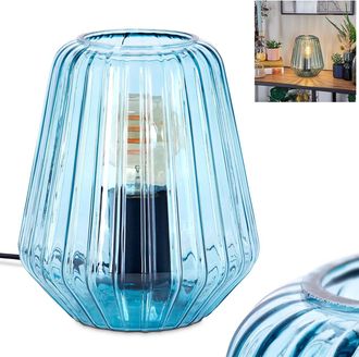 HOFSTEIN Tischleuchte Telhais, Tischlampe aus Metall/Glas in Schwarz/Blau, Leuchte im modernen Vintage/Retro-Design mit Schirm aus Glas (Ø 17cm) u. An/-Auschal