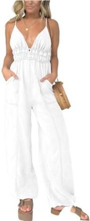 Generic SaiDeng Salopette dété en denim pour femme avec col en V et taille haute, coupe large, poches et coupe moulante, Blanc., L