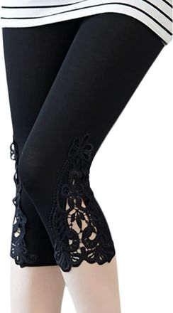 Minetom Spitze Leggings Damen Sommer Capri 3/4 High Waist Elastische Leggins Sporthose Stretch Workout Yoga Hosen A Schwarz XS