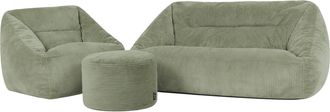 Icon Brand Cecilia Sitzsack Sofa, Sitzsack Sessel mit Runder Hocker, Salbeigr&uuml;n, Flauschiger Cord Stoff, 2 Sitzer Sofa Set f&uuml;r Erwachsene, Riesensitzsack mit F&uuml;l