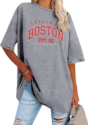 Dresswel Oversized T Shirt Damen Boston Brief drucken Vintage T-Shirt Kurzarm Rundhals Retro Tee Shirts Sommer Oberteile Lose Bluse Lang Tops für Teenager Mädc