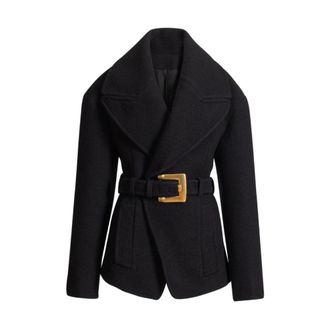Balmain Manteau caban en laine ceintur&eacute; - Femme - Vestes - Noir - Taille: 34 FR