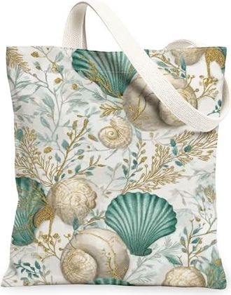 Generic Sacs fourre-tout en toile de coquillage, motif inspir&eacute; de loc&eacute;an, sacs d&eacute;picerie r&eacute;utilisables, l&eacute;gers et lavables, bleu sarcelle, 13x15 Inch