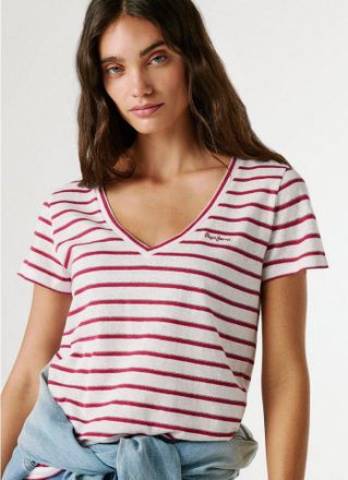 Pepe Jeans London T-Shirt MEGAN V-NECK STRIPED aus Leinenmischung mit Glitzergarn