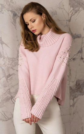 Passioni Rollkragenpullover in Rippenstrick und Perlenverzierung