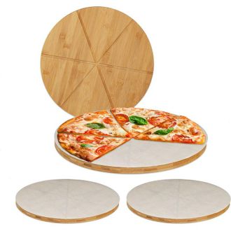 Relaxdays Relaxdays - Planche pizza, bambou, x8, assiette ronde 33 cm, papier de cuisson, avec rainures pour le d&eacute;coupage, nature