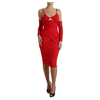 Dolce & Gabbana Rotes gerafftes Mesh Midi Kleid - - Dresses - Damen - Rot - M